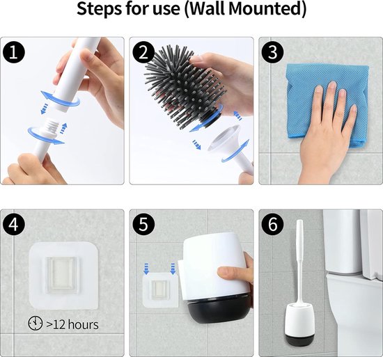 Toiletborstel, siliconen wc-borstel met houder, wc-borstel, wandmontage ...
