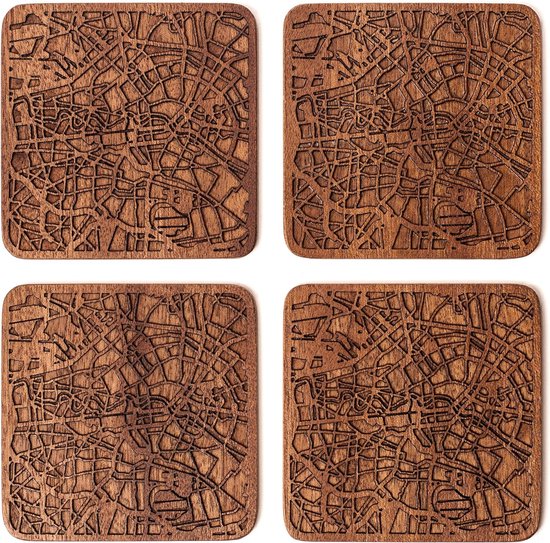 Onderzetter met kaart van Sapeli-hout, 4 stuks, met stadskaart ...