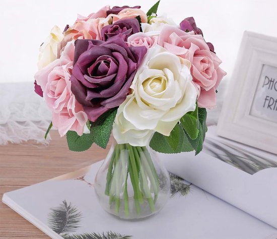2 Bundels Kunstbloemen Rozen 18 Hoofden Realistische Zijden Bloemen ...