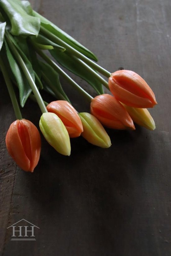 Kunst tulpen in knop - perzik | oranje - 44cm - 7 stelen - kunst tulp ...