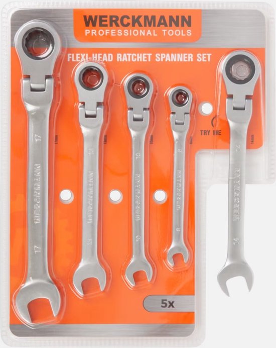 5-Delig Ratelsleutelset - Flexibele Kop - Ratelset - Steeksleutel ...