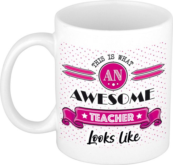 Bellatio Decorations Cadeau koffiemok voor een geweldige juf/meester - roze - keramiek... | bol