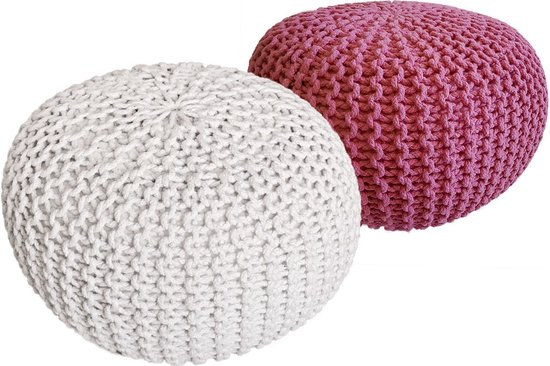SVJ Poefs Rond - 55 x 55 x 37 cm - Katoen - Wit/Roze - Set van 2 | bol