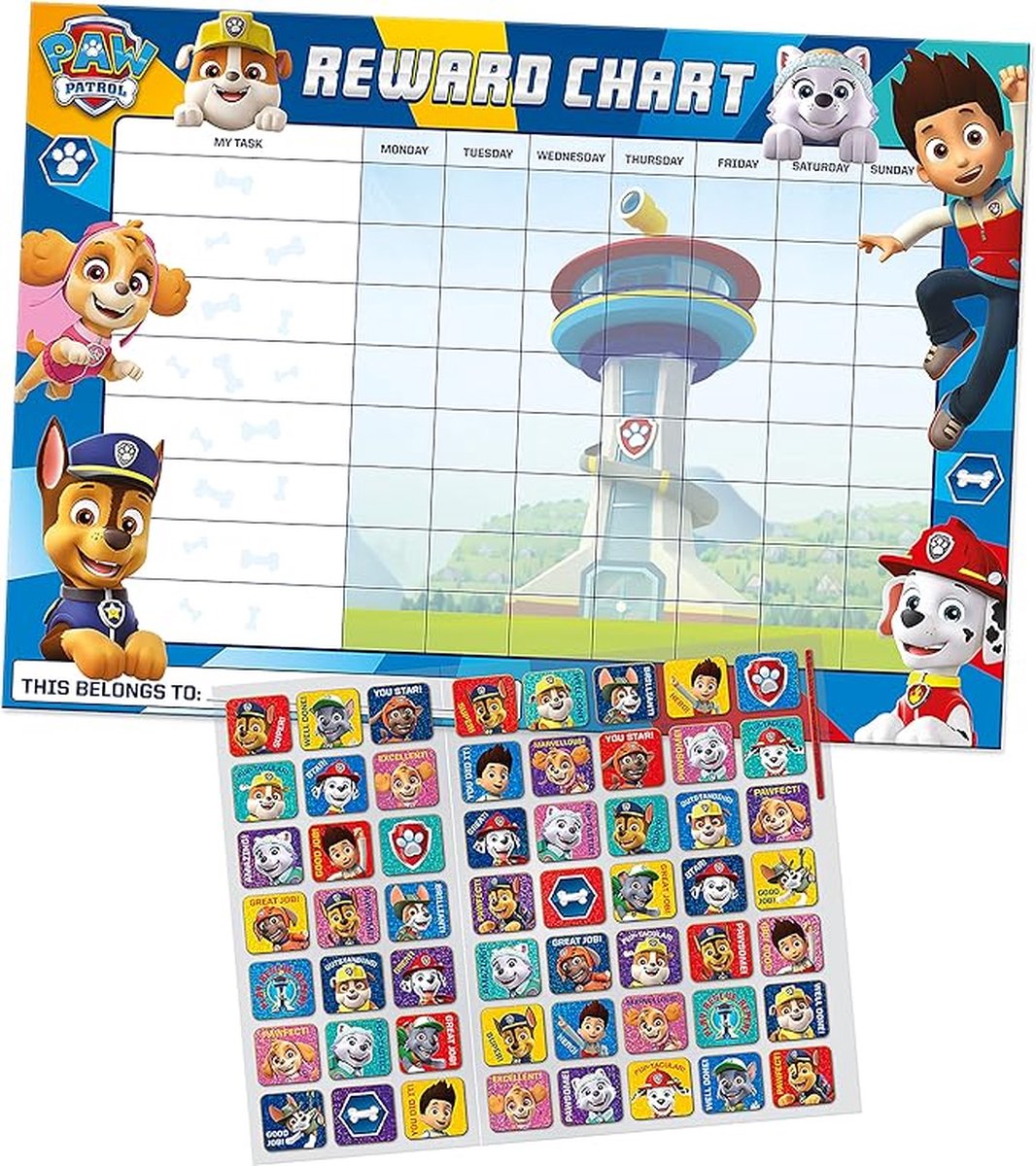 Paw Patrol beloningskaart - 56 sprankelende stickers - 29,7 cm x 42 cm ...