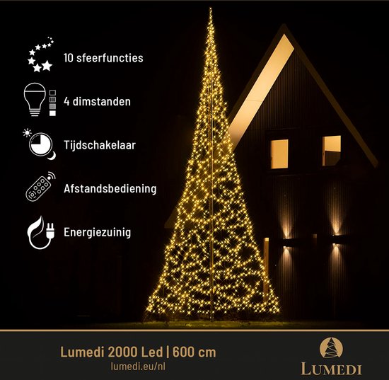 Lumedi - Kerstboom - Vlaggenmast Verlichting - 6 meter - 2000 Warm Wit ...
