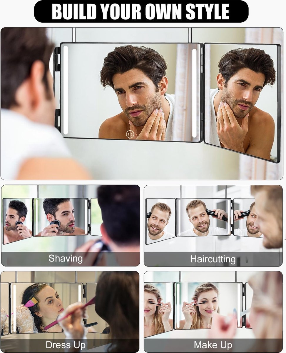 360 Degree Mirror with Lighting, Mirror Hair Self-Cutting, Rechargeable ...