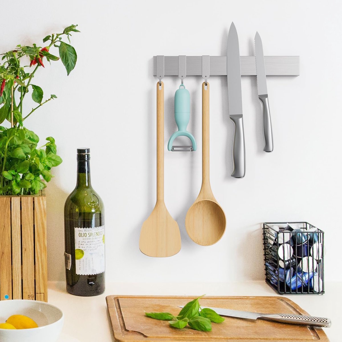 Magnetische messenhouder, 30 cm, met 3 haken, zelfklevende messenhouder ...