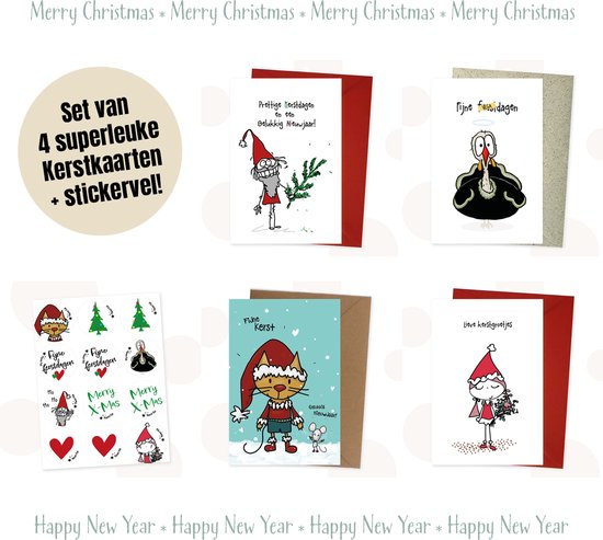 Kerstkaarten Set | 4 luxe Kerstkaarten & stickervel | Sluitzegels ...