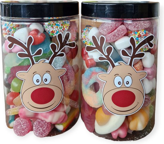 Snoep - Kerstmis - twee snoeppotten met rendiersticker | bol