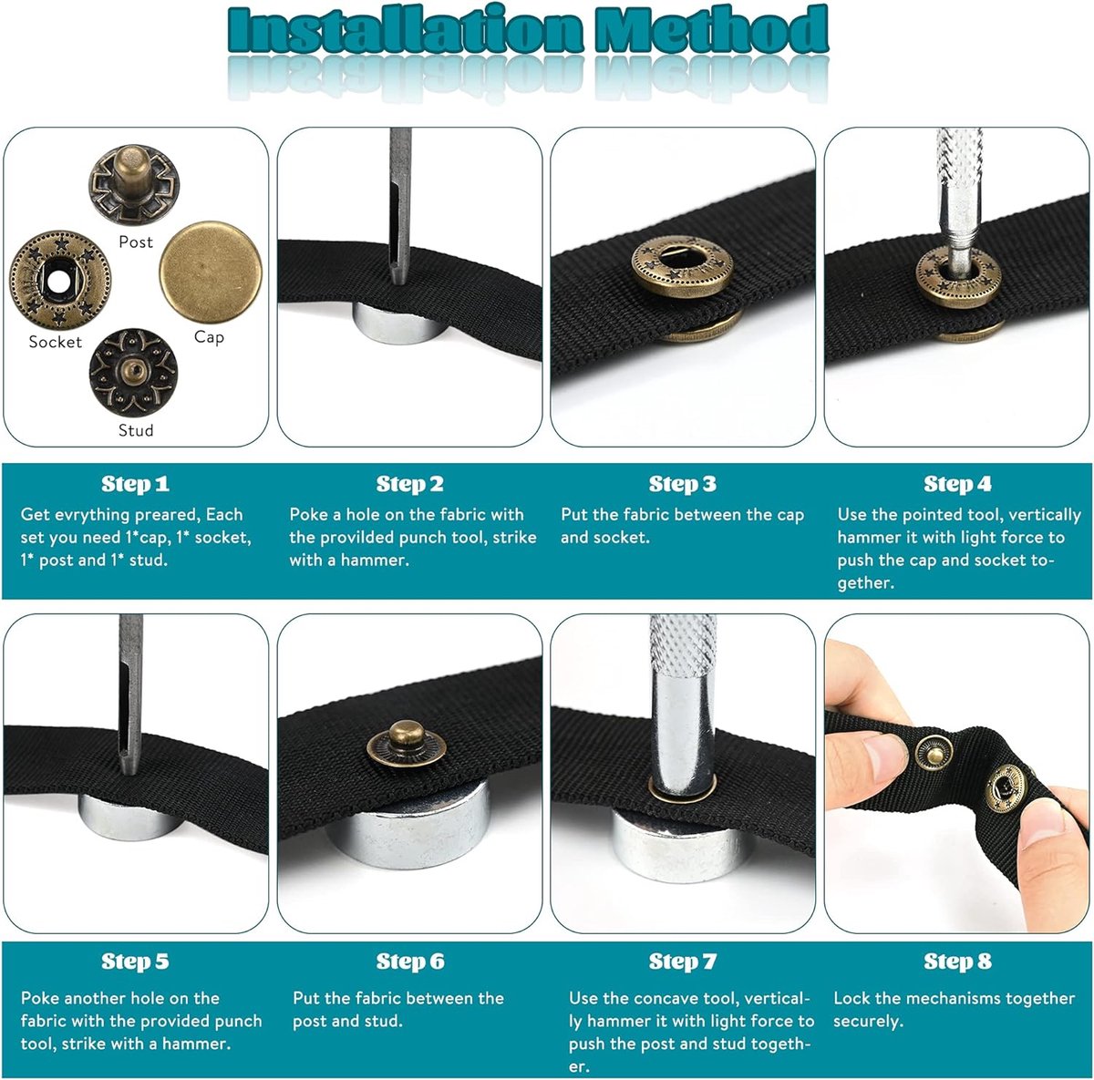 Set van 50 drukknopen, metalen drukknopen met verschillende maten 10/12 ...