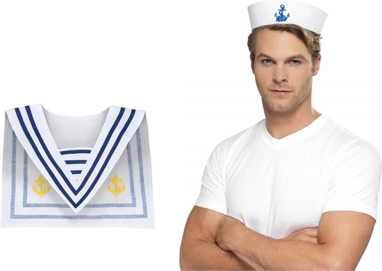 Carnaval verkleed Matrozen hoedje - wit/blauw - met matrozen kraag ...