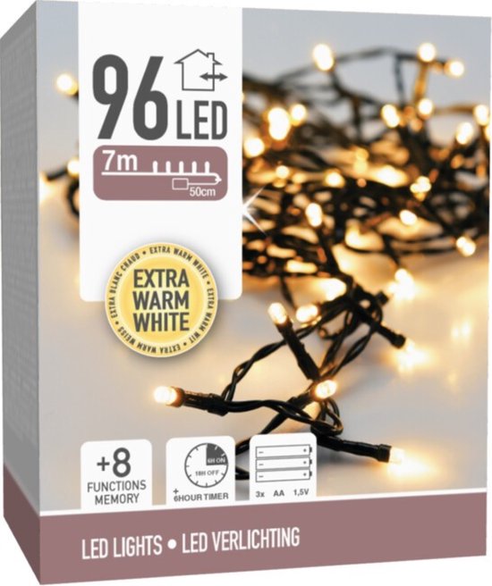 Kerstverlichting 96 led - 7m - extra warm wit - Batterij ...