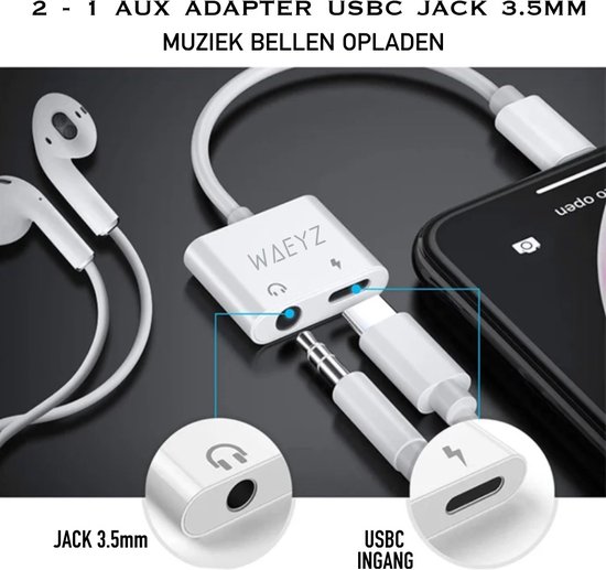 Waeyz usb c aux adapter 10W 2-1 usb c audio splitter met usbc en jack 3 ...
