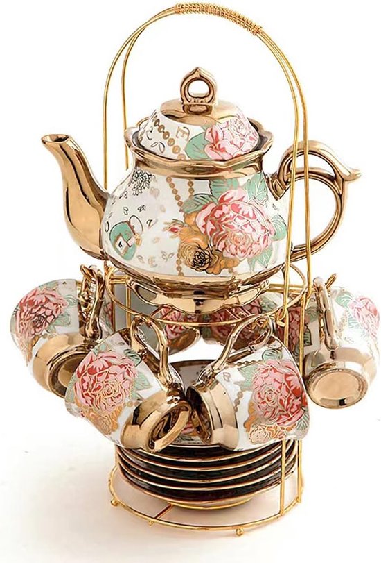 Vergulde rode keramische theeset, vintage theeset met theepot, mooie ...