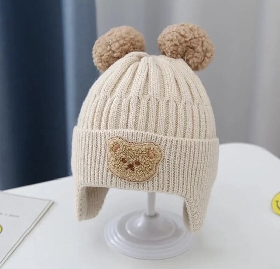 baby muts beer - wintermuts - pompomps - wol - oren bedekt - 0 tot 3 ...