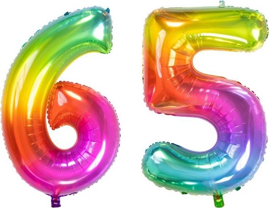 Folieballon Cijfer 65 Yummy Gummy Rainbow - 86 cm | bol
