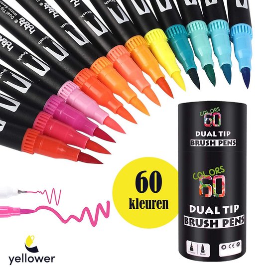 Yellower stiften set met 60 kleuren – Brush pennen - Twinmarkers ...