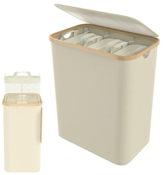Opvouwbare Wasmand met Deksel - 3 Vakken en Afneembare Waszak - 140 ...
