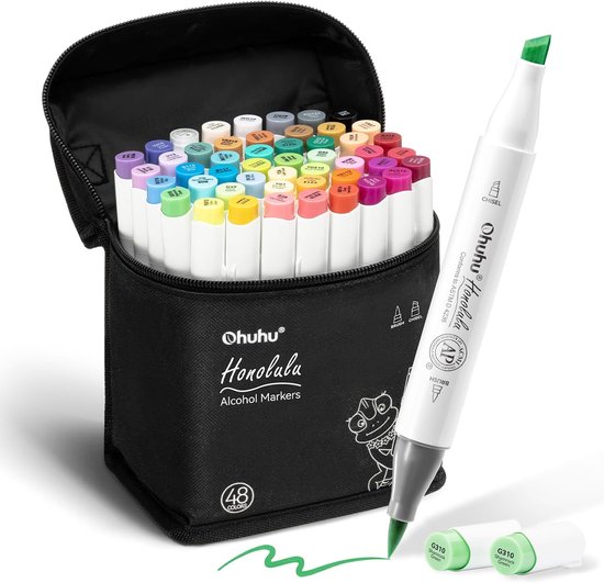 Ohuhu Honolulu 48 kleuren Alcohol Art Markers Brush & Chisel – zwart ...