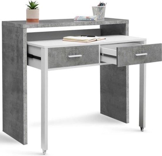 Uitschuifbaar bureau Max hout in betonlook en wit | bol