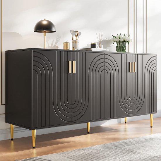 Luxe Zwart Dressoir – 152x40x75 cm – Modern Golvend Design met Gouden ...