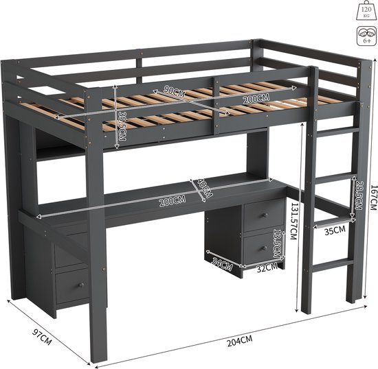 Sweiko Hoogslaper - 90 x 200 cm - met Bureau - Boekenplank - 4 lades ...