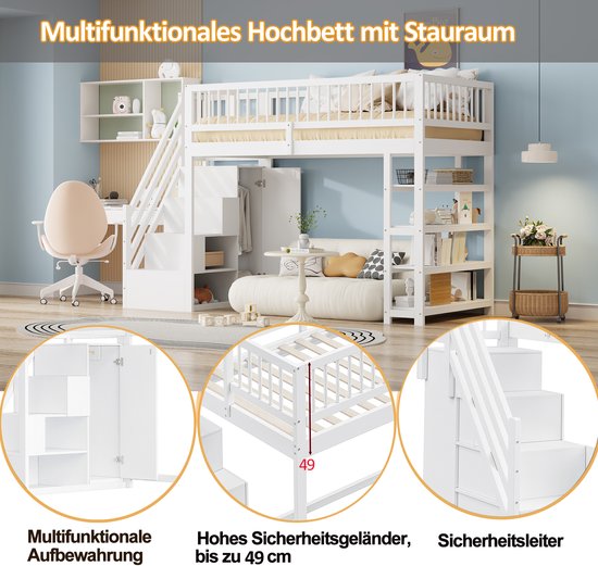 Sweiko Hoogslaper - 90 x 200 cm - met Kledingkast - Opbergplank ...