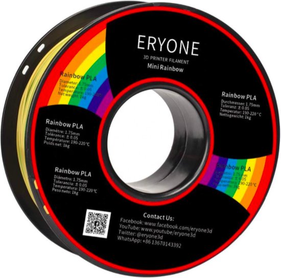 Eryone - mini-Regenboog - PLA Filament - 1Kg 1.75mm - Voor 3D-printer en 3D-pen - Rainbow | bol
