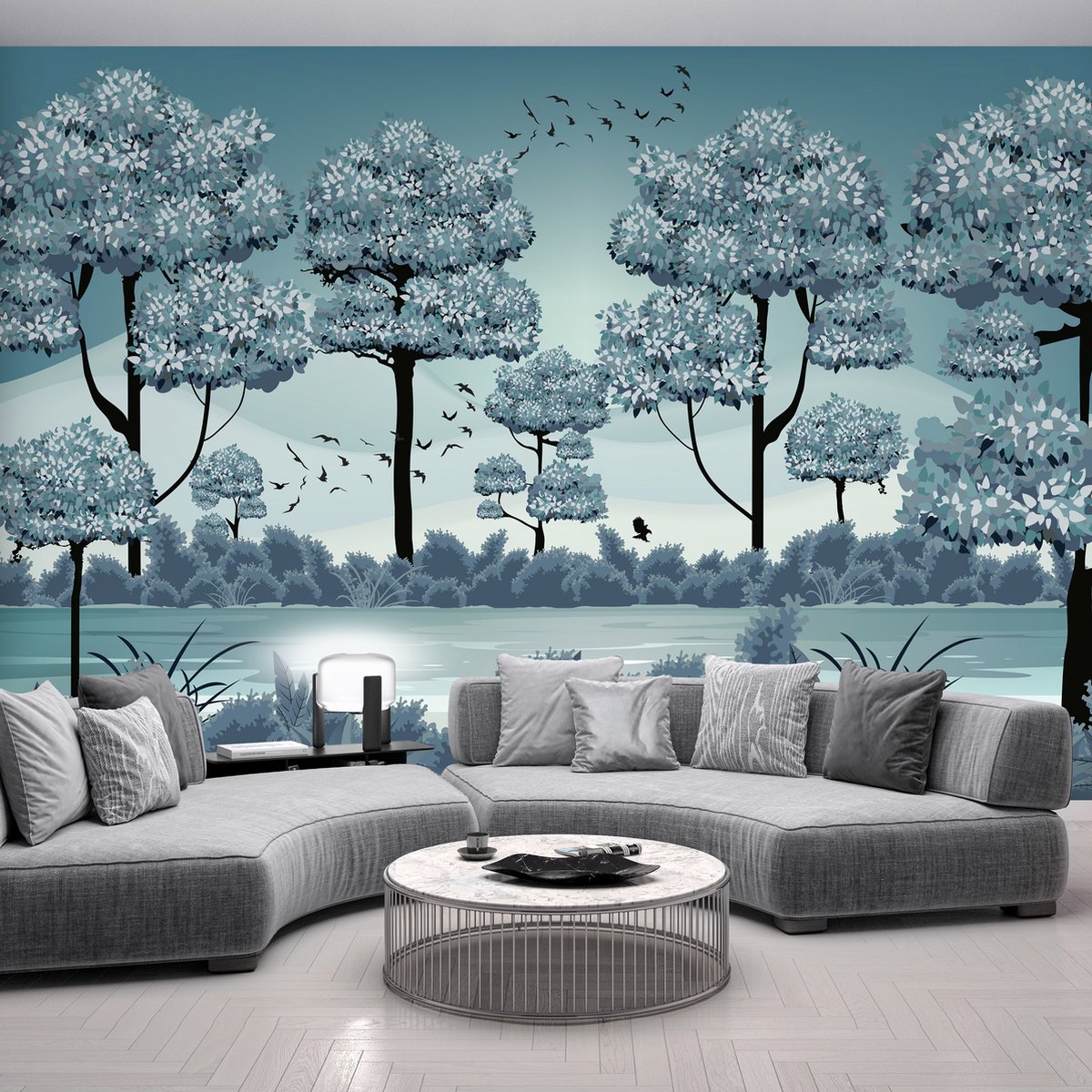 Fotobehang Rivier met Bomen XXL – posterbehang – 368 x 254 cm - Blauw ...