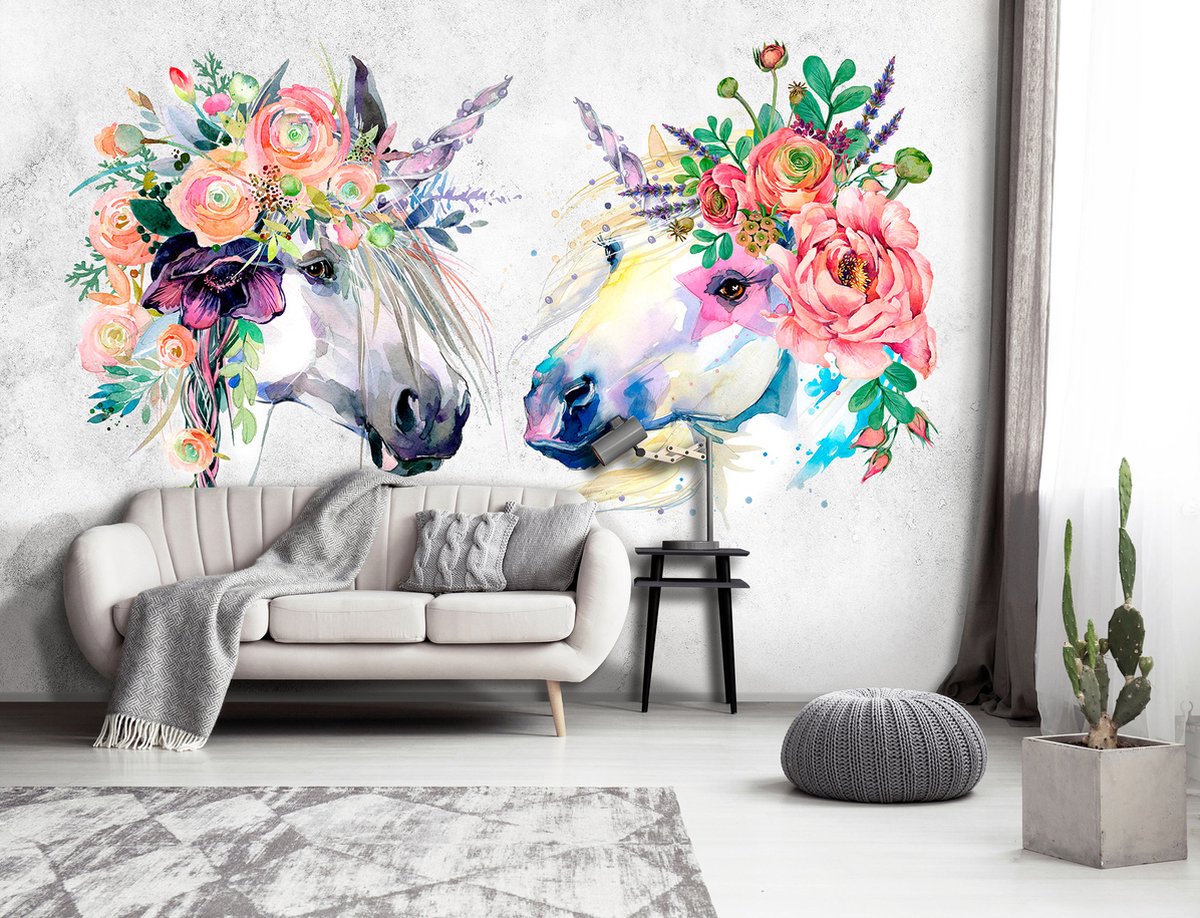 Fotobehang Witte Paarden met Bloemen XXL – posterbehang – 368 x 254 cm ...