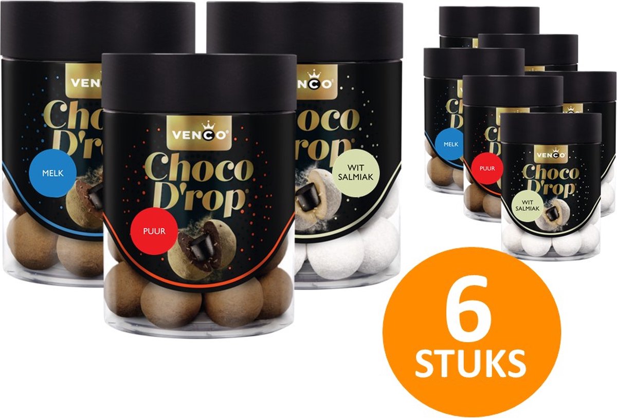 Venco Choco Drop Cadeau mix 6 potten à 146 g Snoep - 3 smaken ...