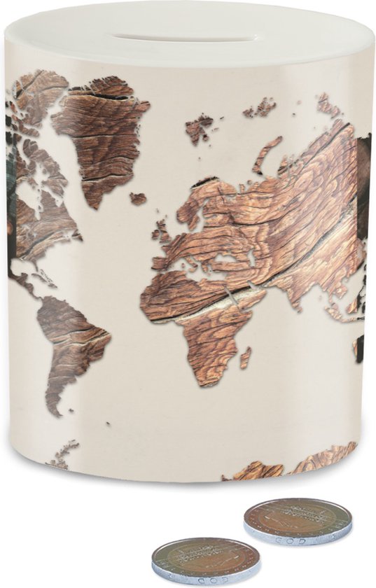 Spaarpot - Spaarblik - Wereldkaart - Boom - Hout - Spaarpotten ...