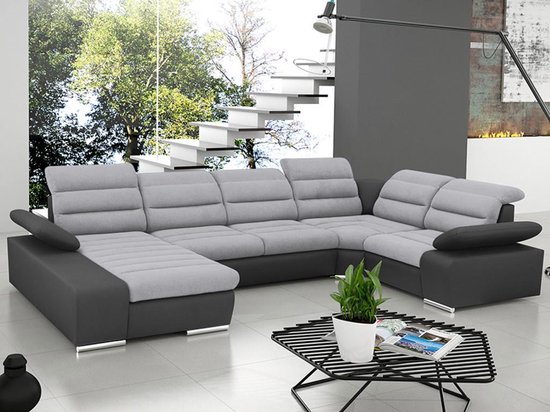 Canapé d'angle XXL convertible en tissu et simili cuir BOILEAU ...