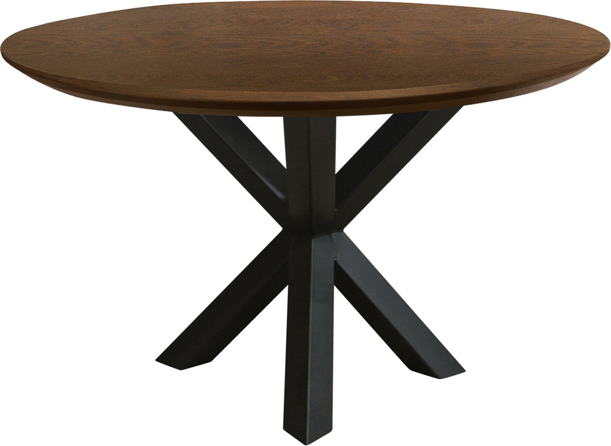 Table à manger ronde en chêne bords facettés marron foncé - pied d ...