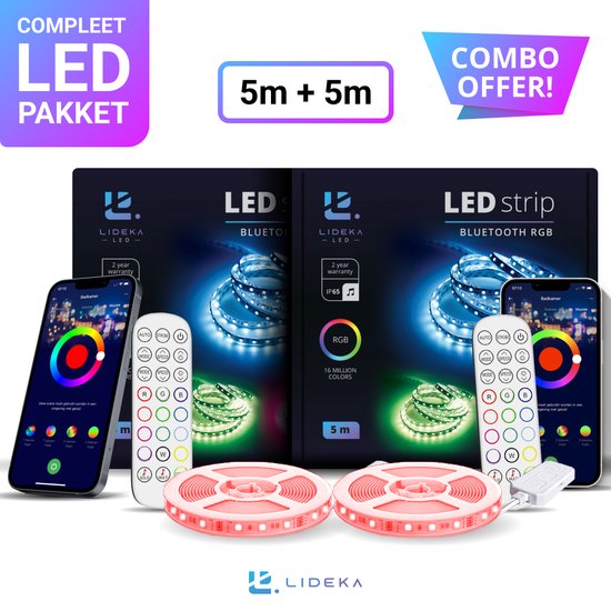 Lideka - LED strip Bluetooth - 5 + 5 Meter - RGB - Incl. App Telefoon - Afstandsbediening | bol.com