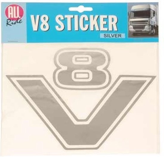 Sticker V8 zilver ca. 15 cm. x 15 cm. voor op vrachtwagen, auto, boot ...