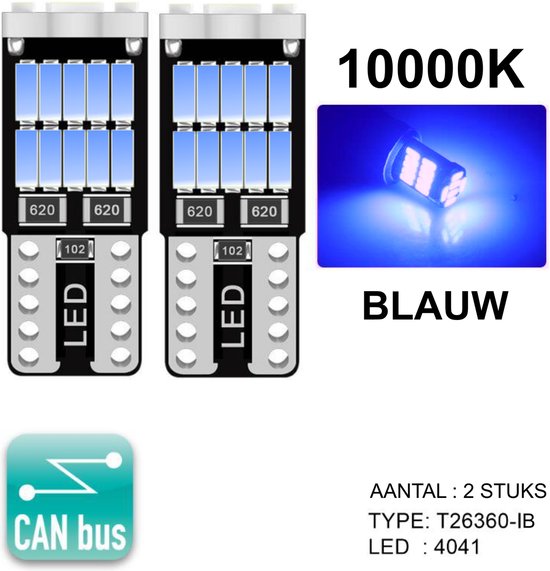 T10 Led Lamp Blauw (Set 2 stuks) 10000K CANbus 5W5 | 460 Lumen | Type ...