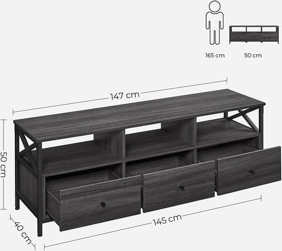 TV kast, lowboard voor tv tot 65 inch, tv-rek met 3 laden, 147 x 40 x ...