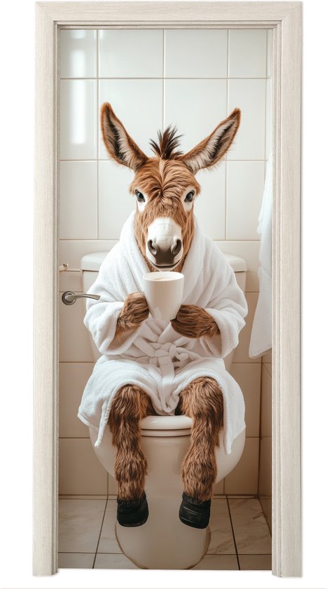 Deurposter 80x205 cm - Deursticker Ezel - WC - Grappig - Badjas - Dier ...