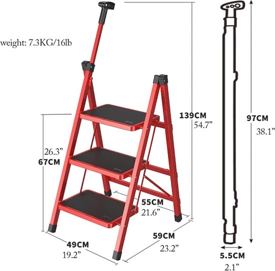 Opvouwbare 3-traps trapladder met brede pedaal en handgreep - Stevige ...