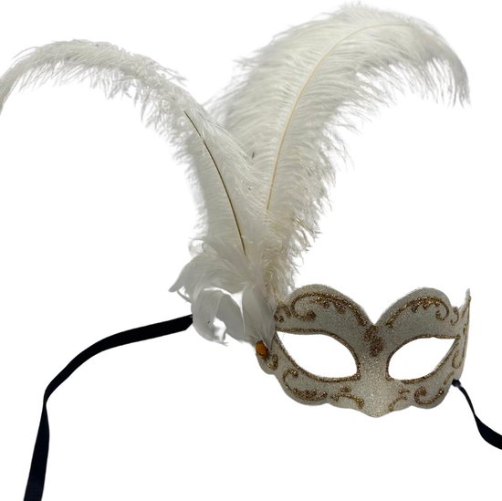 Venetiaans masker wit met veren - Wit glitter masker met veren - Wit ...