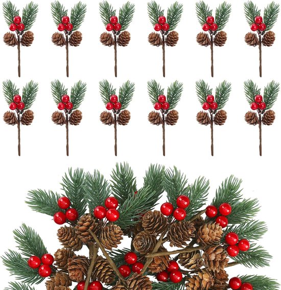 20-Pack Kerst Nep Dennennaalden Kunstmatige Bessen Dennenprikkers Rode ...