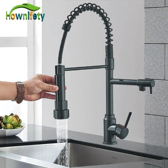 Zwarte Keuken kraan met uittrekbare uitloop - Dubbele uitloop Mengkraan - Flexibele... | bol