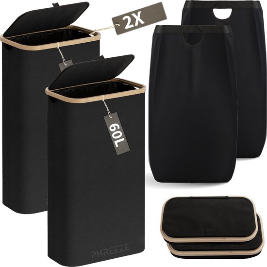 Smalle Wasmand - 60L - 2 Stuks - Wasmanden met Deksel en Waszak - Mand ...