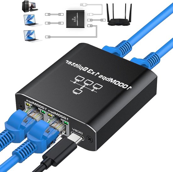 3-poorts Ethernet RJ45 Switch 1000 Mbps voor Network LAN - USB C ...