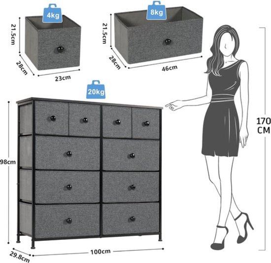 Commode met laden van stof, sideboard met 10 stoffen laden, ladekast ...