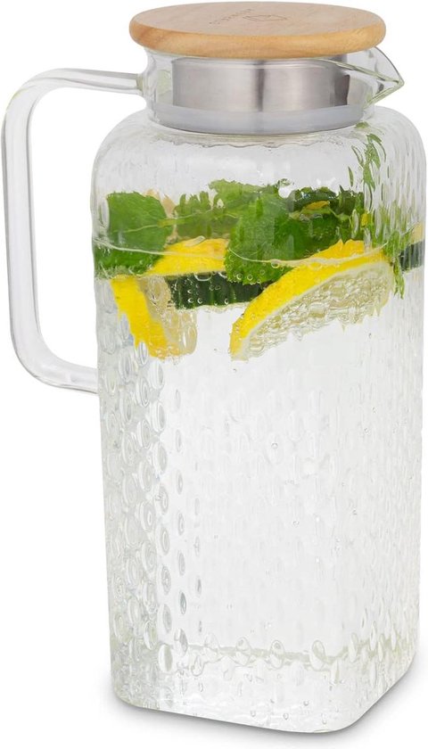 Waterkaraf met bamboehouten deksel en zeef - Stabiele boriumsilicaatglazen karaf - 2L | bol