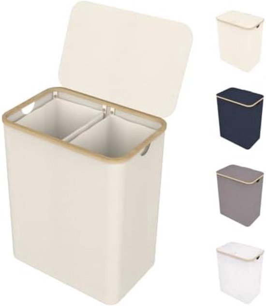 Beige dubbele wasmand met deksel en afneembare waszakken - XXL 150 L ...