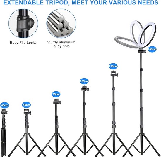 Ringlamp met statief, 10 inch selfiering, totale hoogte 180 cm, led-lichtring met 3... | bol