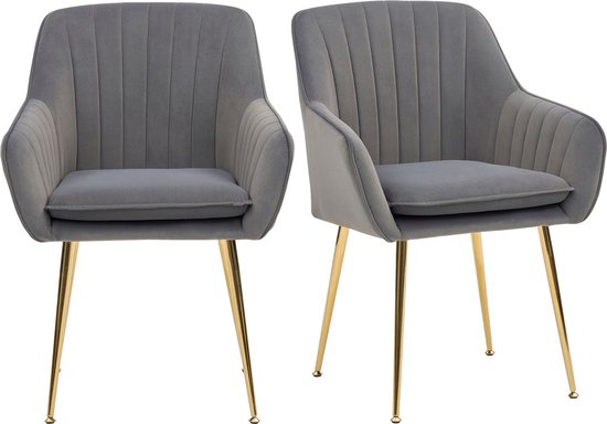 Merax Set van 2 Eetkamerstoelen - Fluwelen Design met Steppatroon en Gouden Poten - Grijs | bol